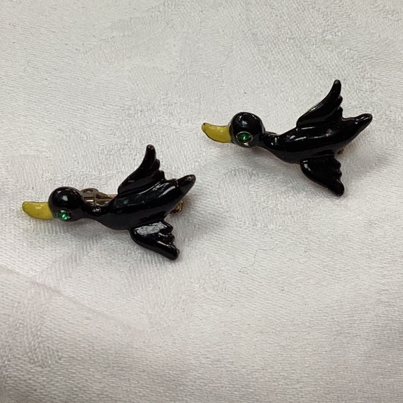 Jewelry | Vintage Black Enamel Duck Pins With Green Crystal Eyes | Poshmark